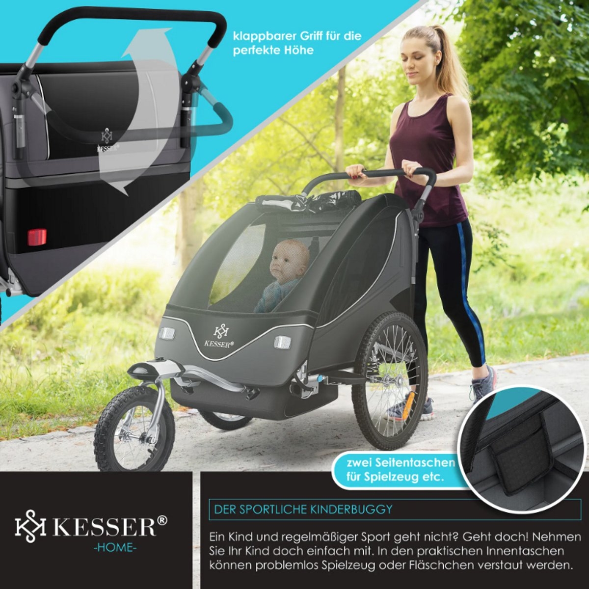 Kinderfietskar kinderaanhanger – met jogger / buggyfunctie – 360 ...