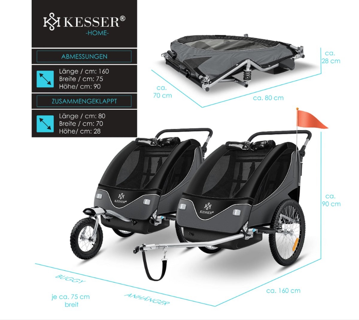 Kinderfietskar kinderaanhanger – met jogger / buggyfunctie – 360 ...