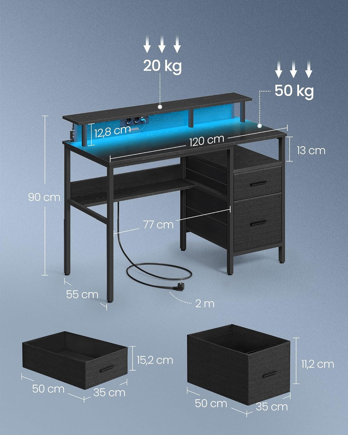 Bureau – gaming bureau 120×55 cm – met laden – monitor standaard – LED ...